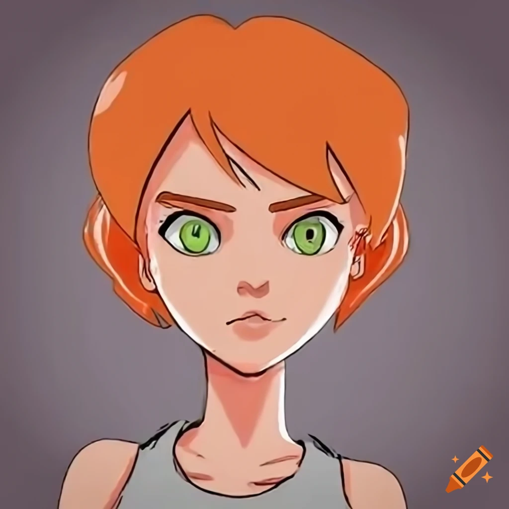 Anime depiction of gwen tennyson with orange hair, green eyes, and ...