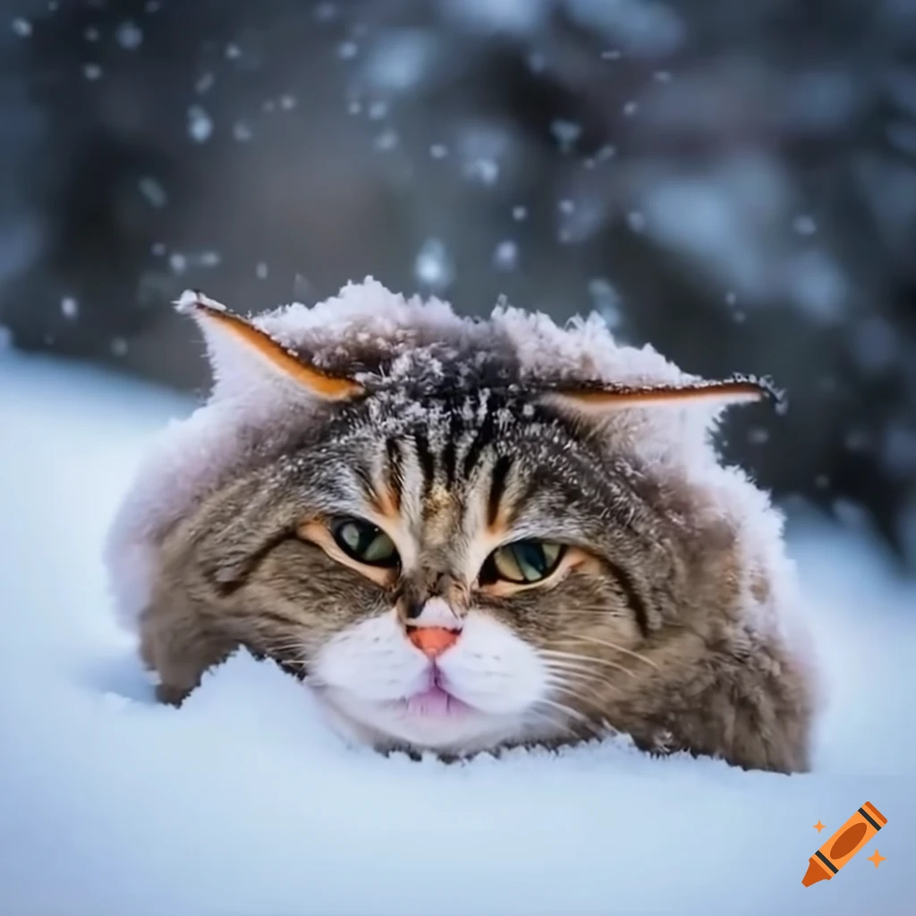 Fluffy snow-covered cat napping in a winter wonderland on Craiyon