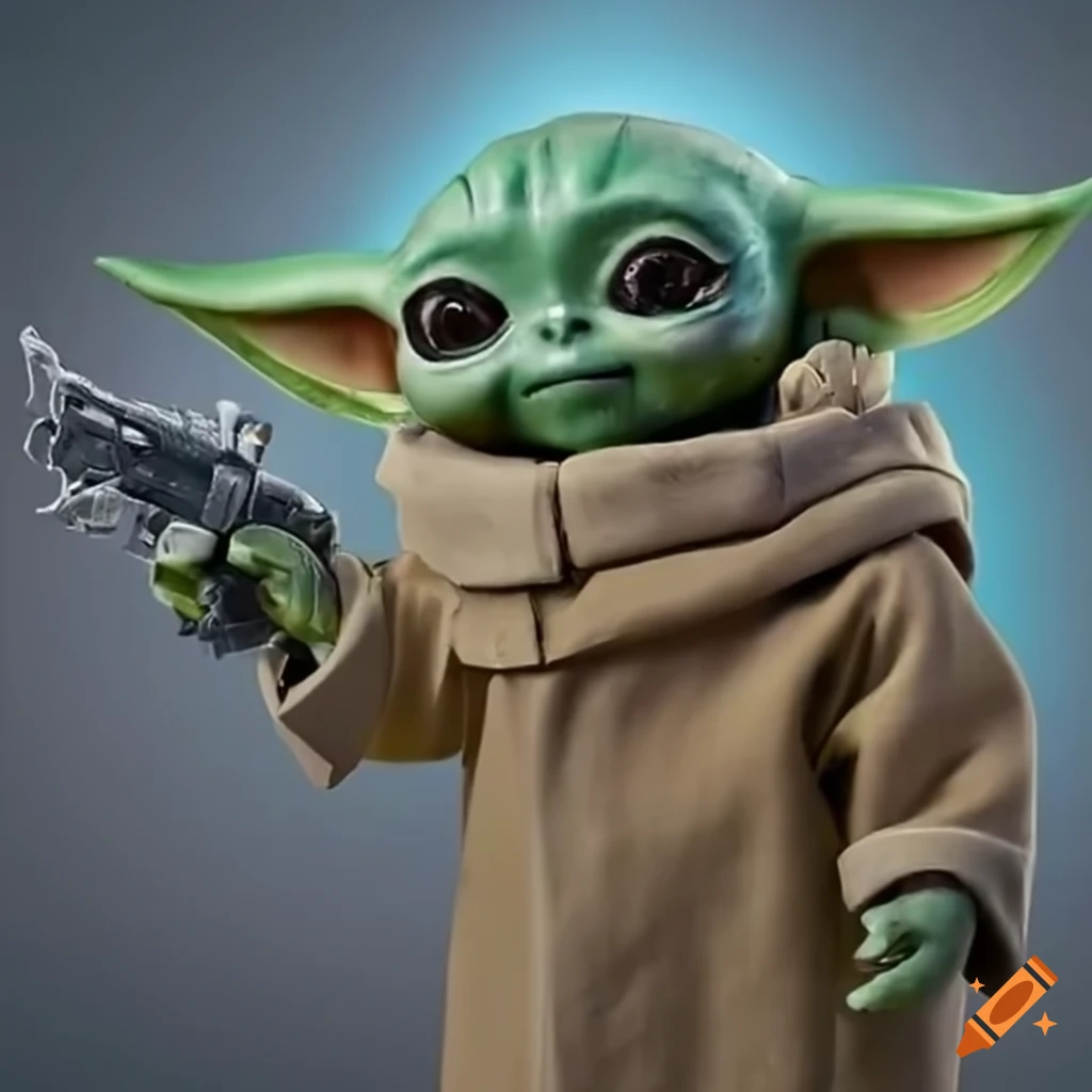 Grogu holding a big weapon on Craiyon