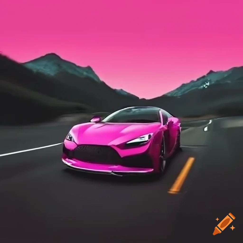 Pink racing car on a road between mountains on Craiyon