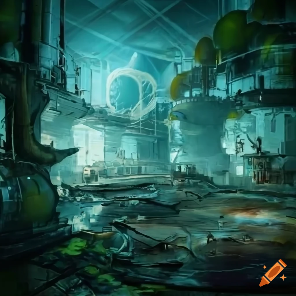 Sci-fi factory interior with abundant trees and nature elements on Craiyon