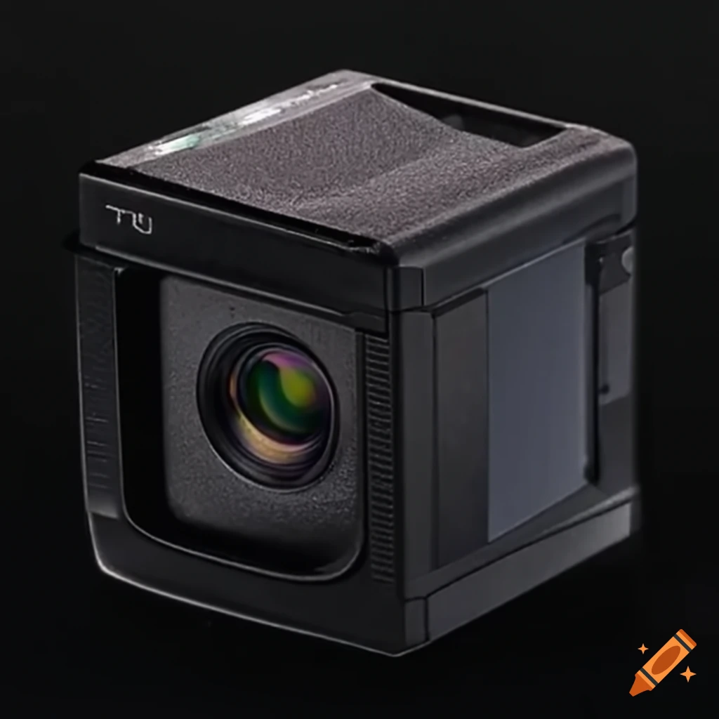 Cube emerging from a film camera lens on Craiyon