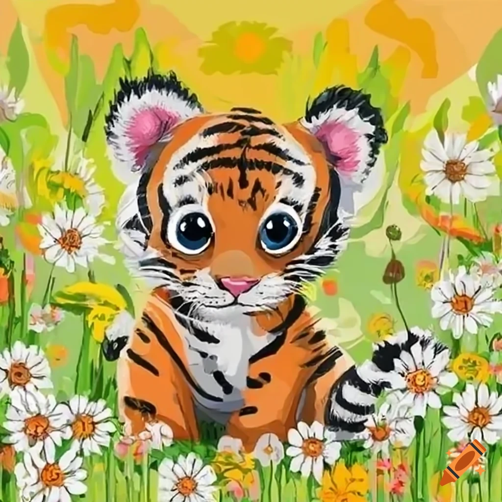 Kawaii tiger cub in a field of flowers on Craiyon