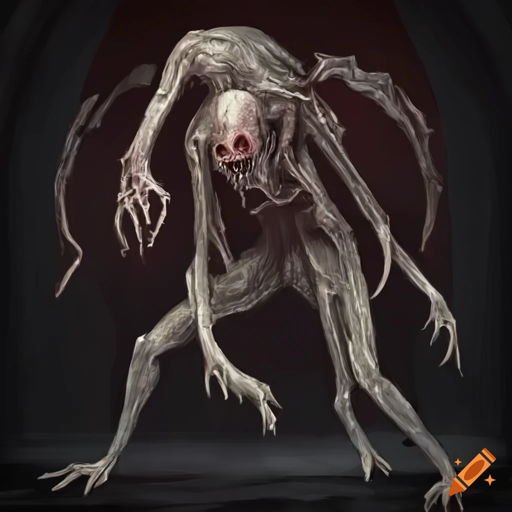 Necromorph with grey skin and distorted limbs on Craiyon