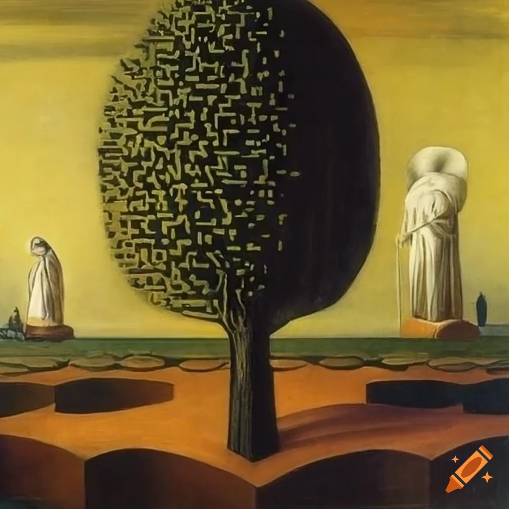 Surrealist garden maze painting inspired by Rene Magritte and Remedios ...