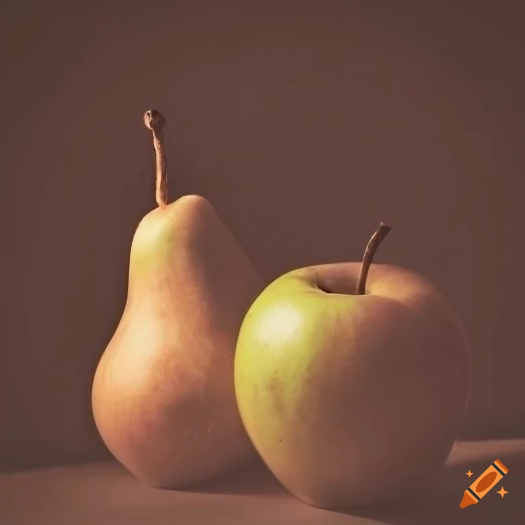 Still life with pear, apple, and crystal glass in sepia tone on Craiyon