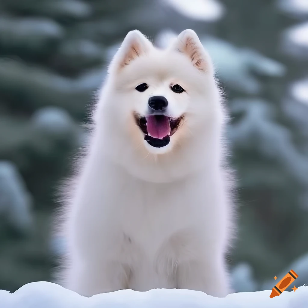 Fluffy samoyed puppy playing in a snowy landscape with pine trees on ...