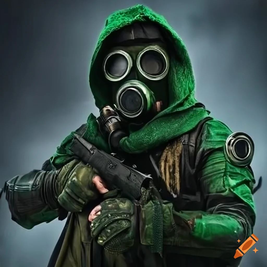Man in green armor and gas mask with a multi-ray gun in a wasteland ...