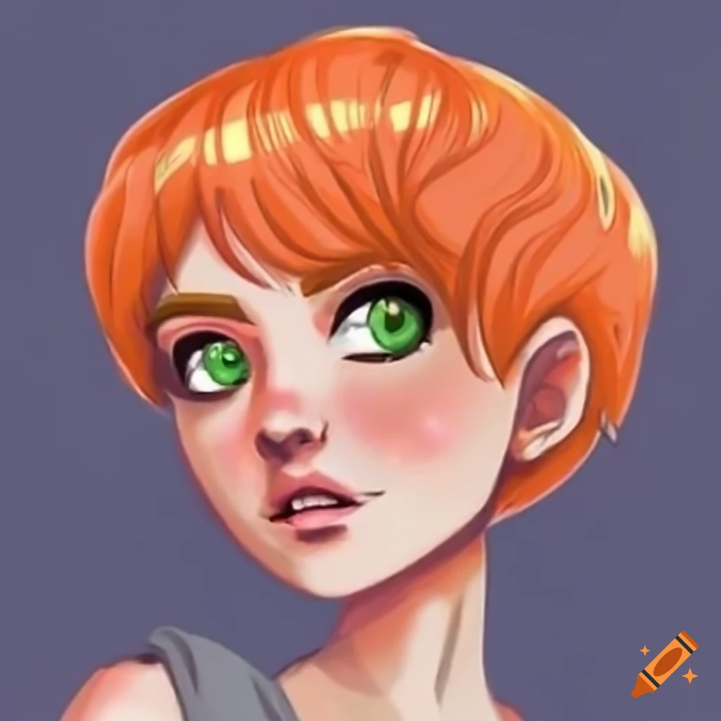 Anime child character with orange pixie cut hair and green eyes laying ...