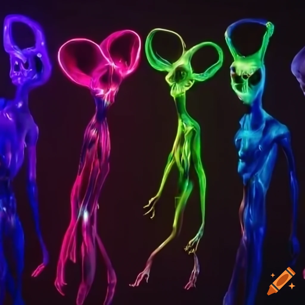 Group of glowing fluorescent alien ghosts with detailed muscular anatomy posing together on Craiyon