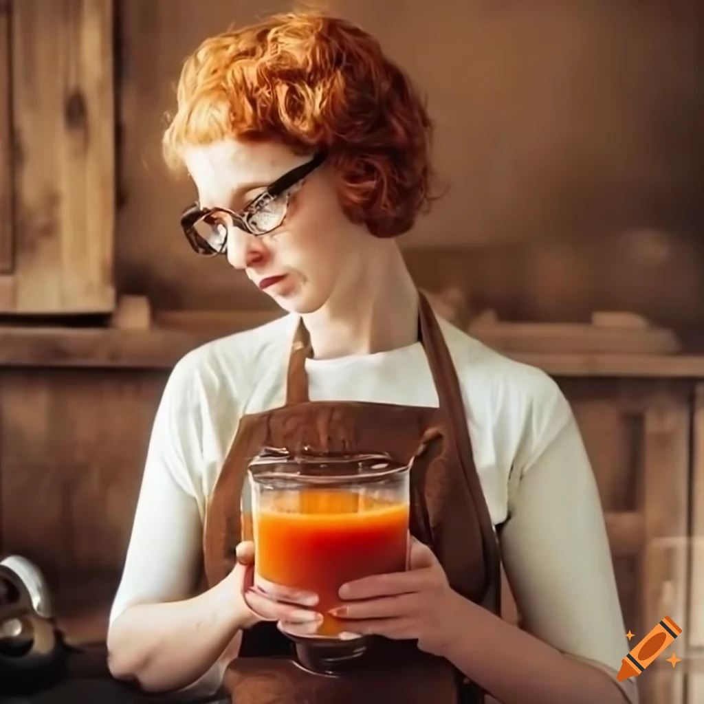 Skilled woman canning homemade tomato juice in a rustic kitchen on Craiyon