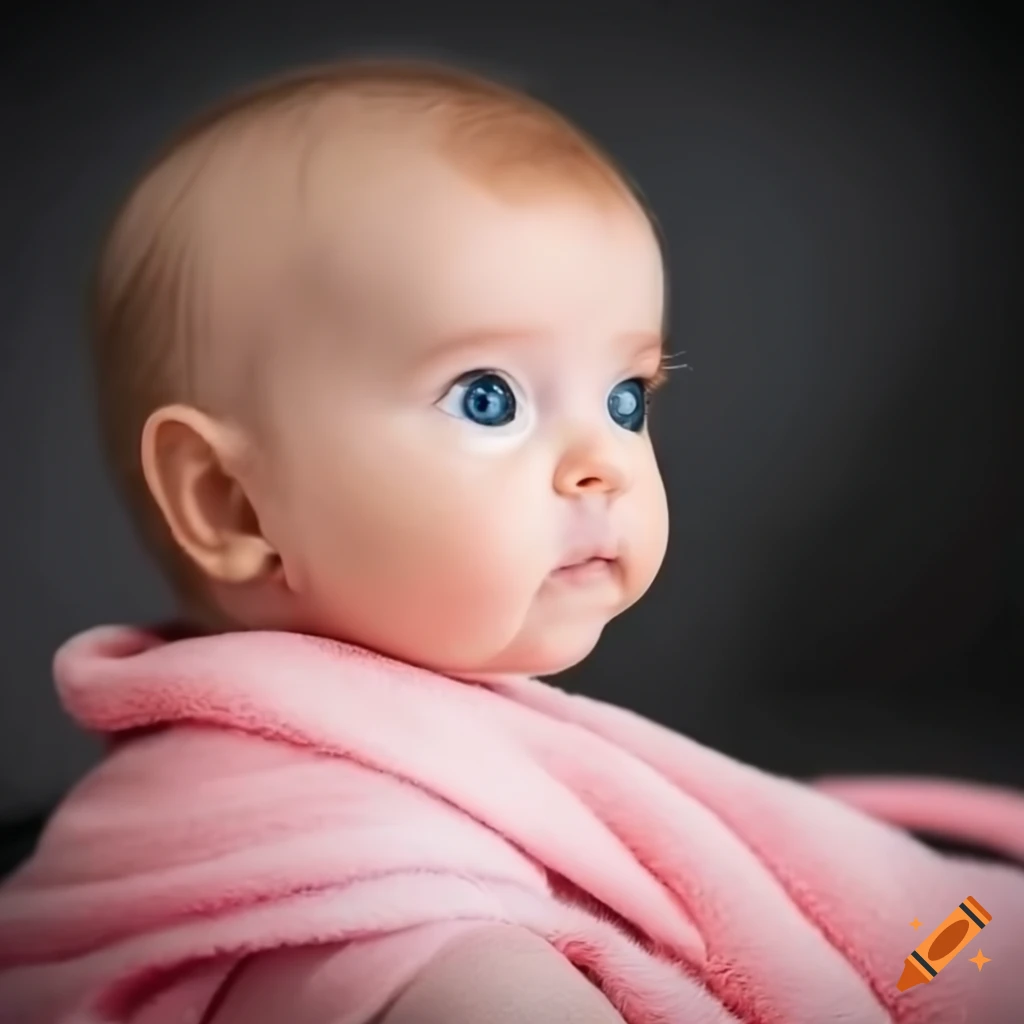 Fluffy cute baby holding a pink blanket on Craiyon