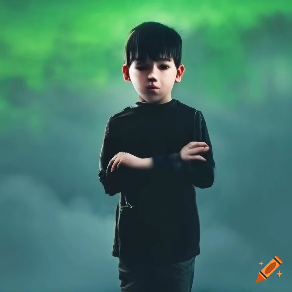 Boy with black hair in front of a big green fog cloud on Craiyon