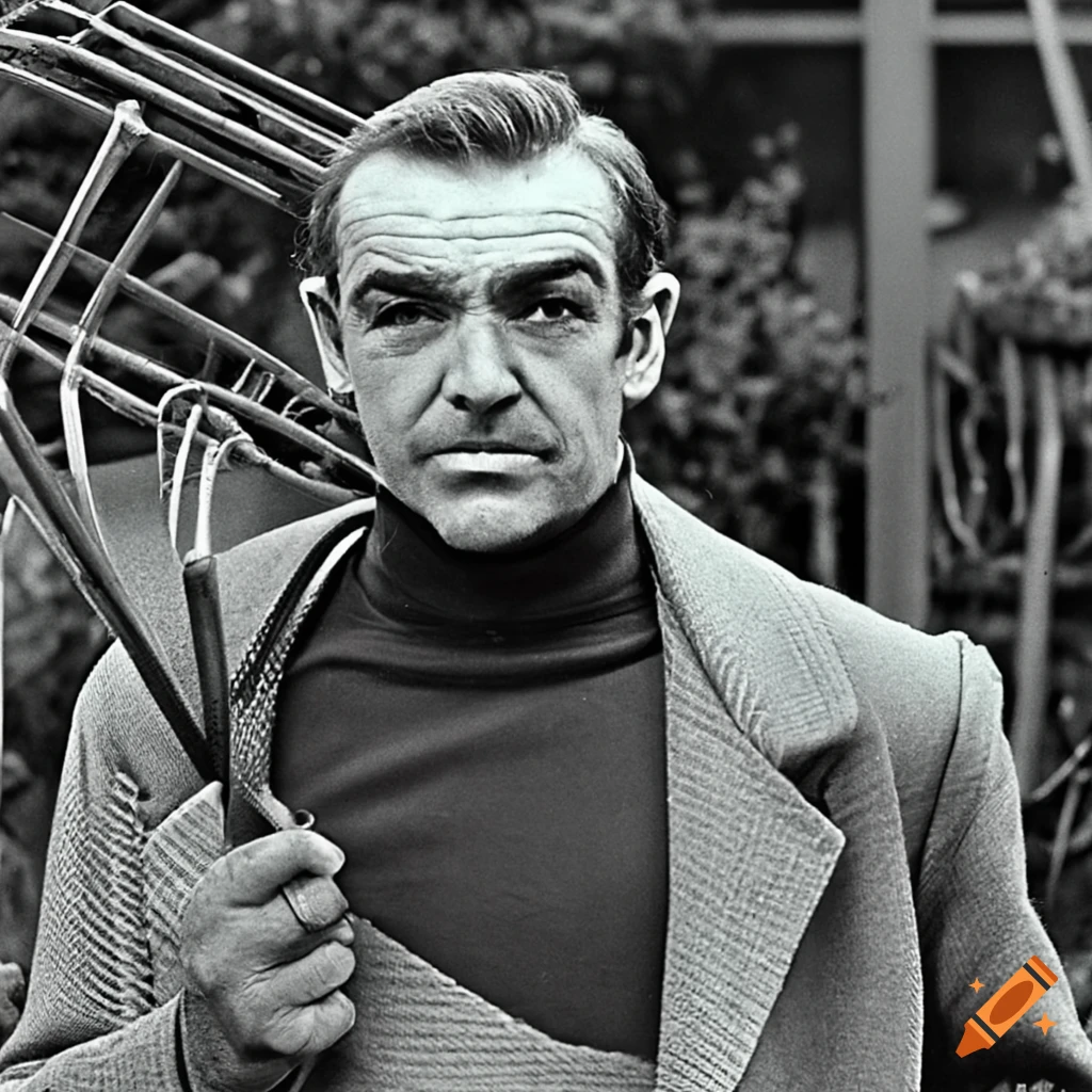 Young sean connery as james bond in front of a garden rake rack on Craiyon