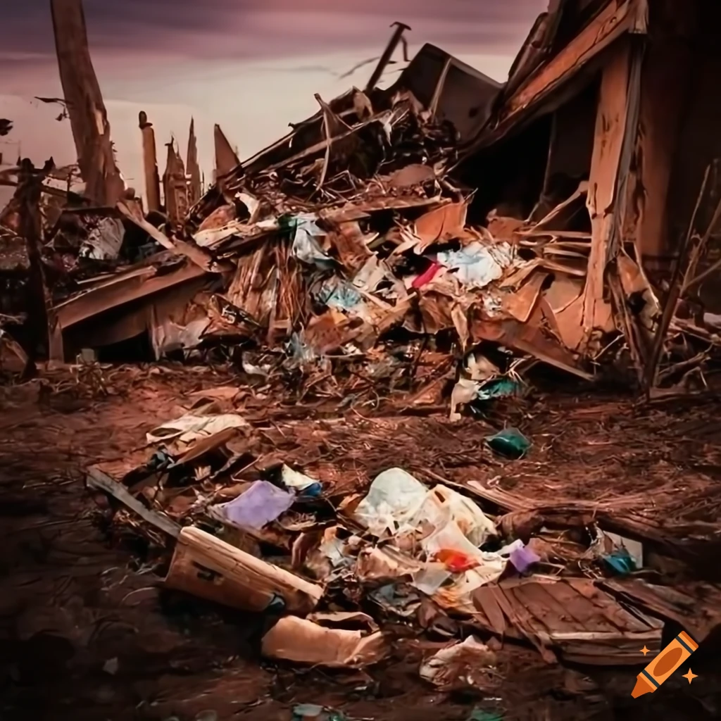 Pile of junk garbage covered with white drapery in a dramatic landscape ...