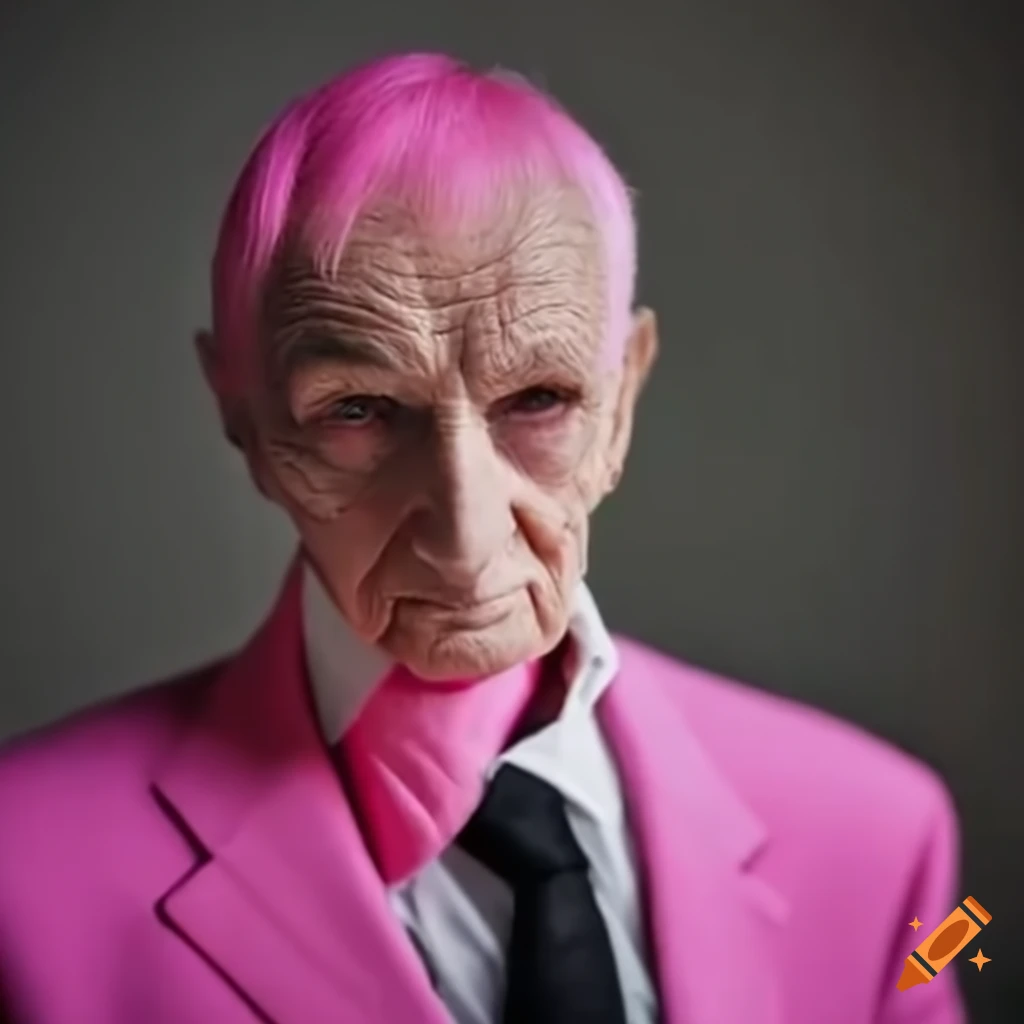 Elderly man with pink hair and suit on Craiyon
