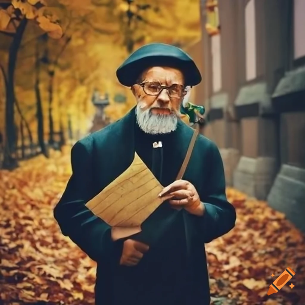 Hungarian calvinist pastor standing near church gate in autumn on Craiyon
