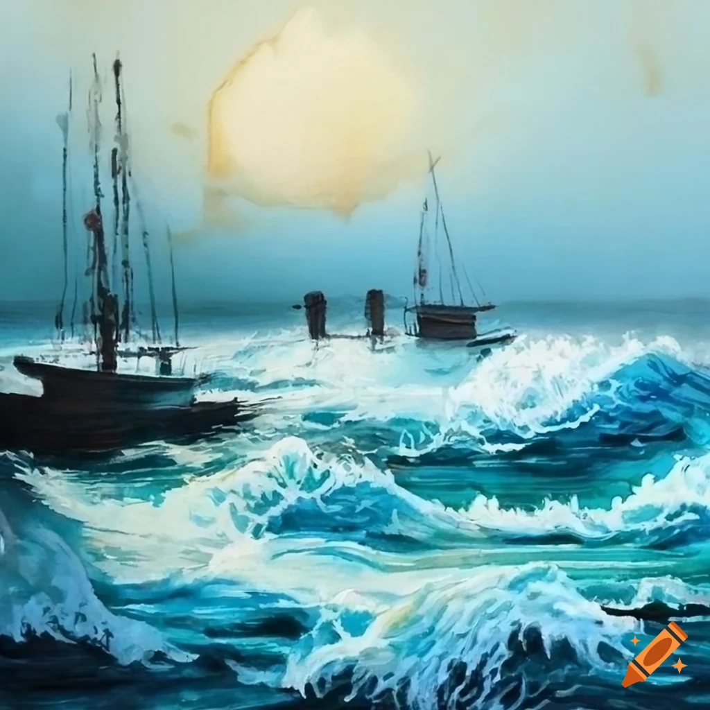 Japanese-style painting of sea with crashing waves and docks in fog on ...