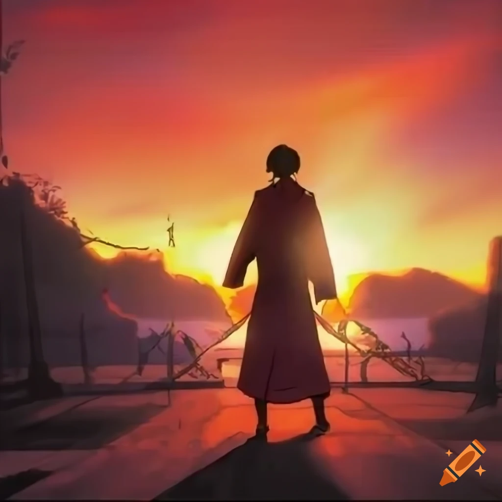 90's anime samurai with brown hair and red jacket walking towards the ...