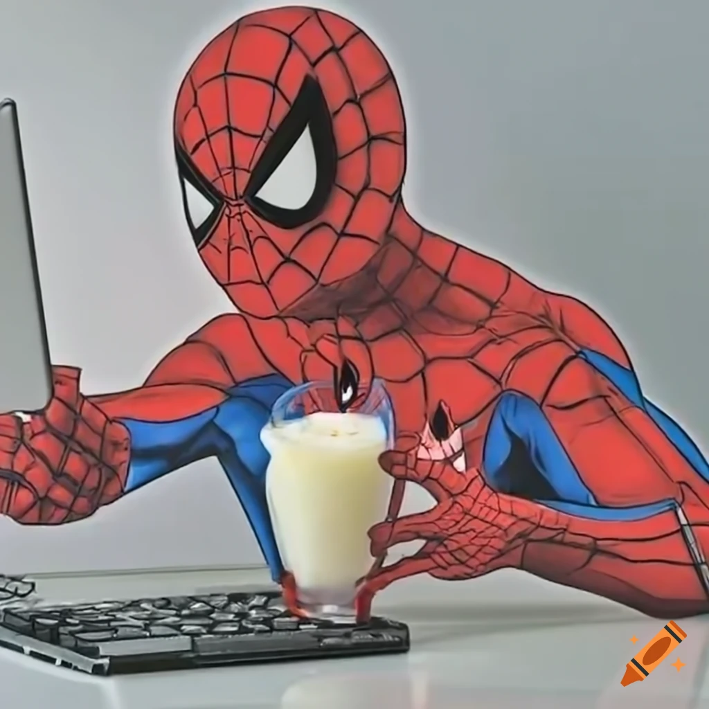 Spiderman enjoying a milkshake on a computer on Craiyon