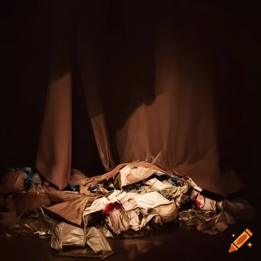 Pile of junk garbage covered with a drapery in a dramatic destroyed ...