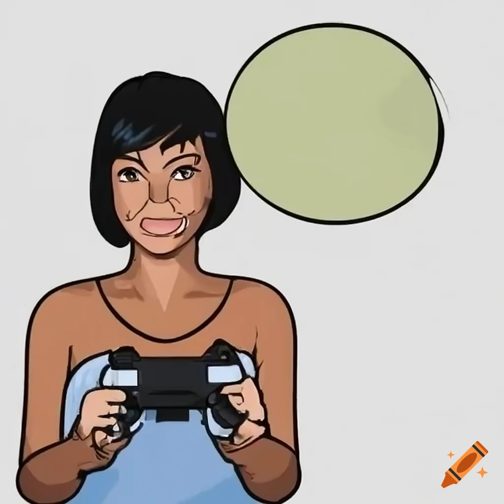 Female video game player with comic bubble on Craiyon