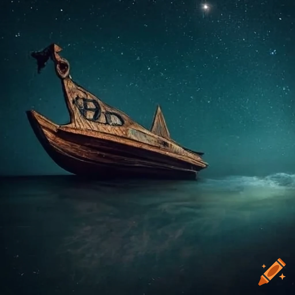 Ancient Finno-Ugric wooden boat spaceship with Slavic symbols in cosmic ...