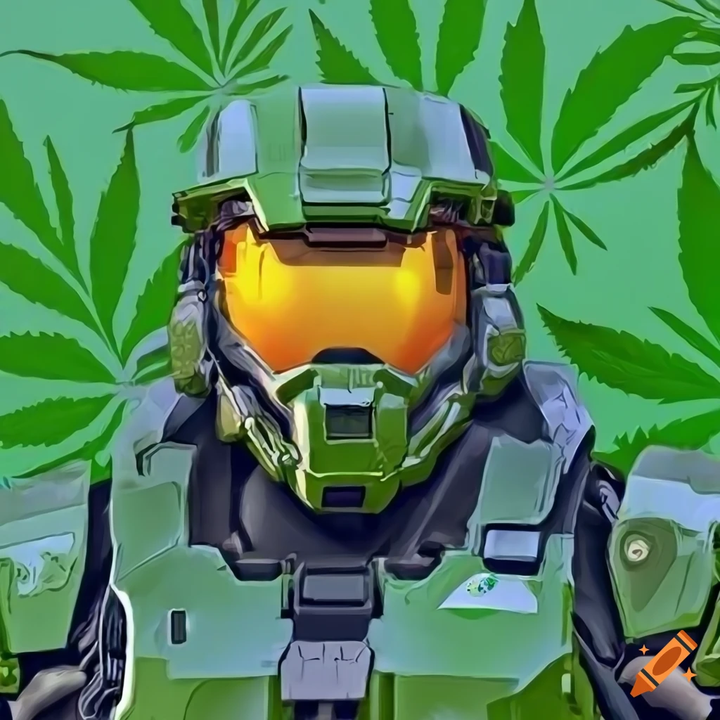 Master chief helmet with weed leaves background in digital art on Craiyon