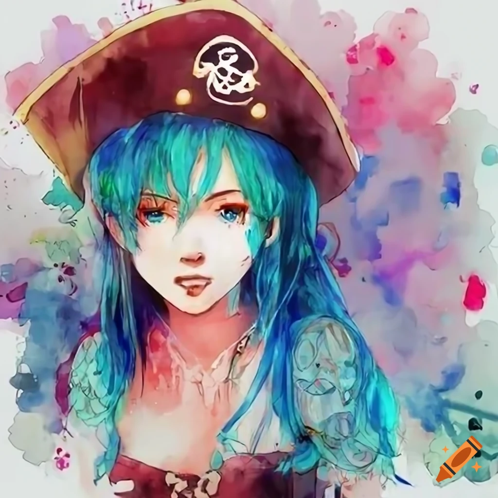 Anime girl pirate with blue hair in a city on Craiyon