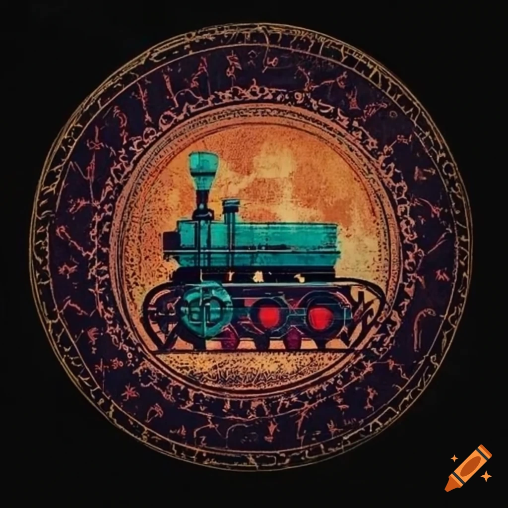 Vintage train design with intersecting arrow motifs on a round t-shirt ...