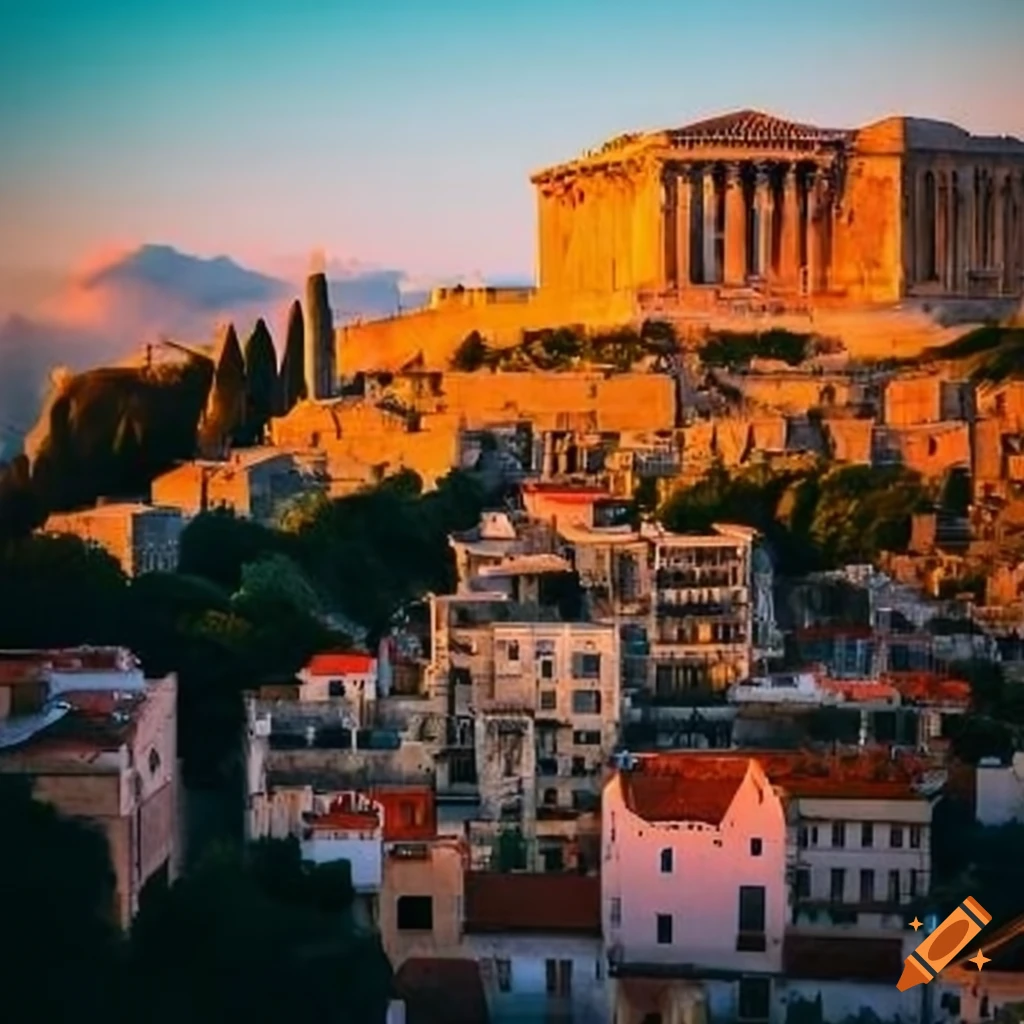 Vibrant cityscape with ancient Greek buildings and ruins in Athens on ...
