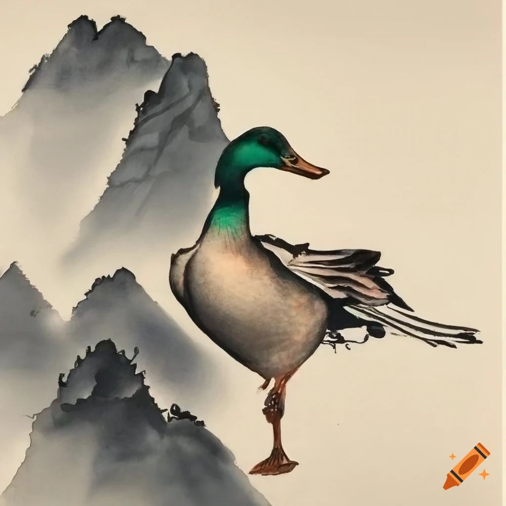 Duck climbing a mountain in a chinese ink painting on Craiyon