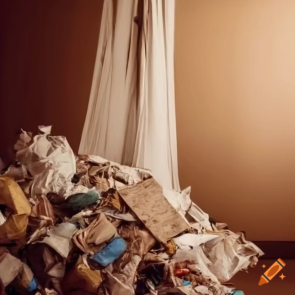 Pile of junk garbage covered with white drapery in a dramatic landscape ...