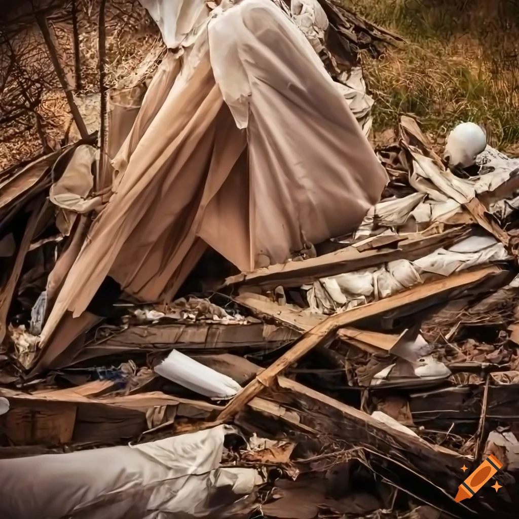 Pile of junk garbage covered with white drapery in a destroyed landscape on Craiyon