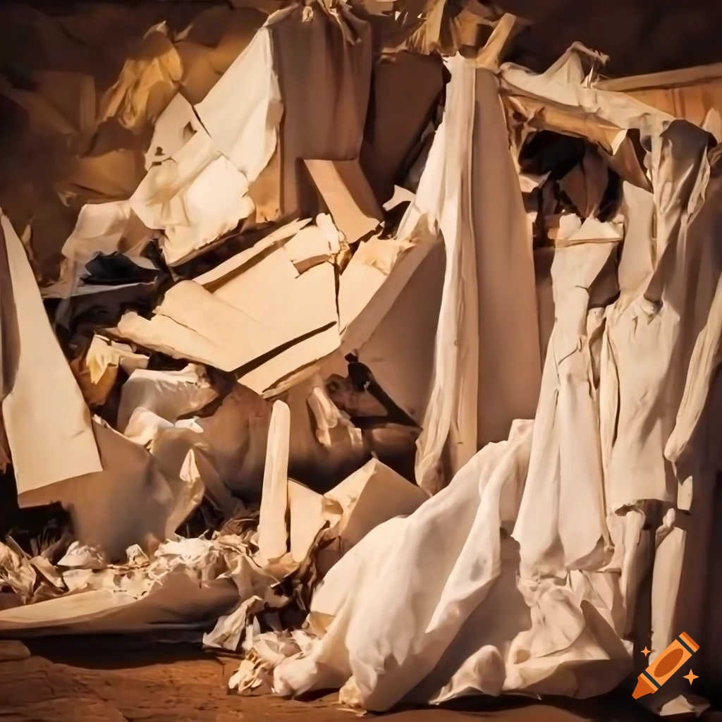 Pile of junk covered with drapery in a dramatic destroyed landscape on ...