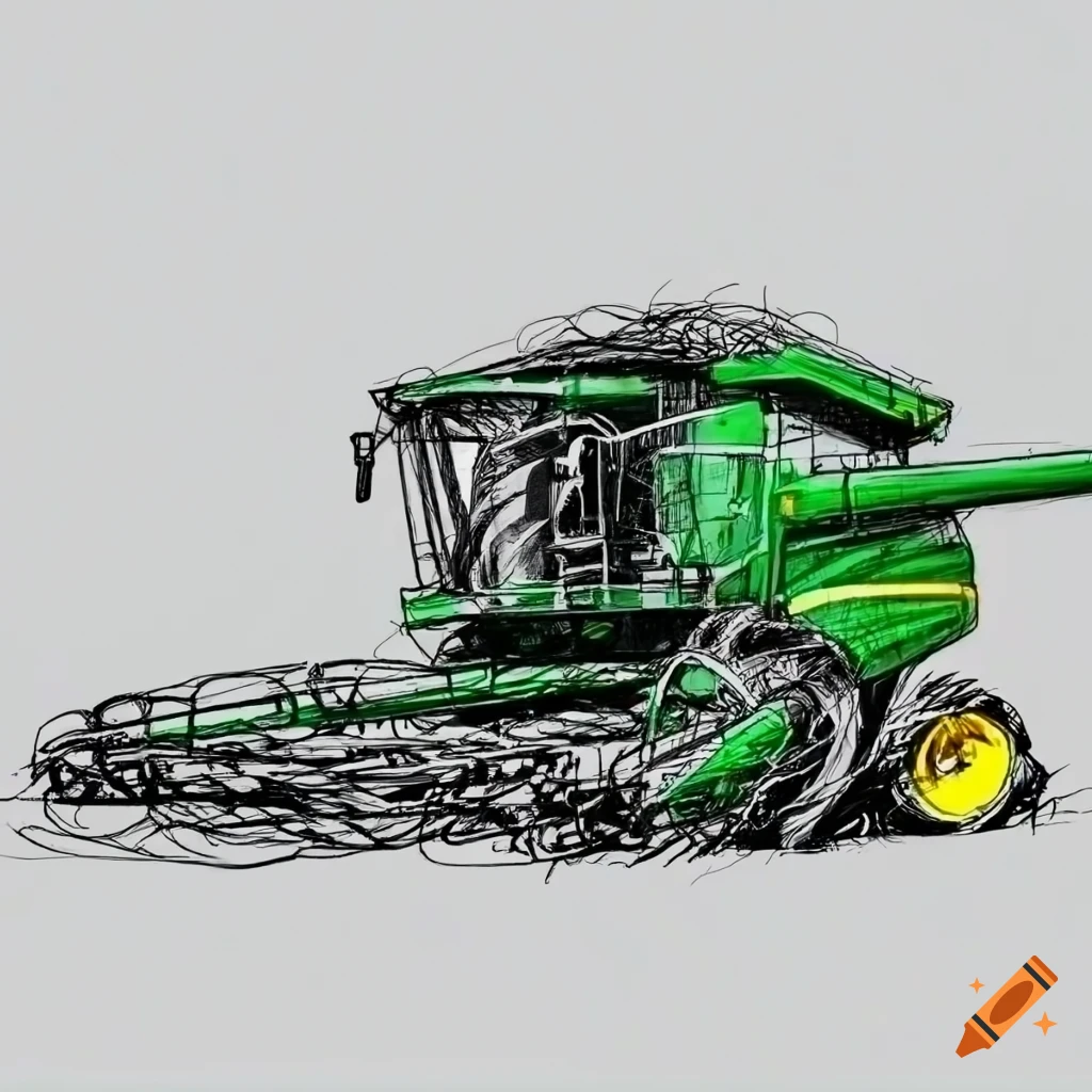 Scribble art of John Deere combine with grain bins in black and white on Craiyon