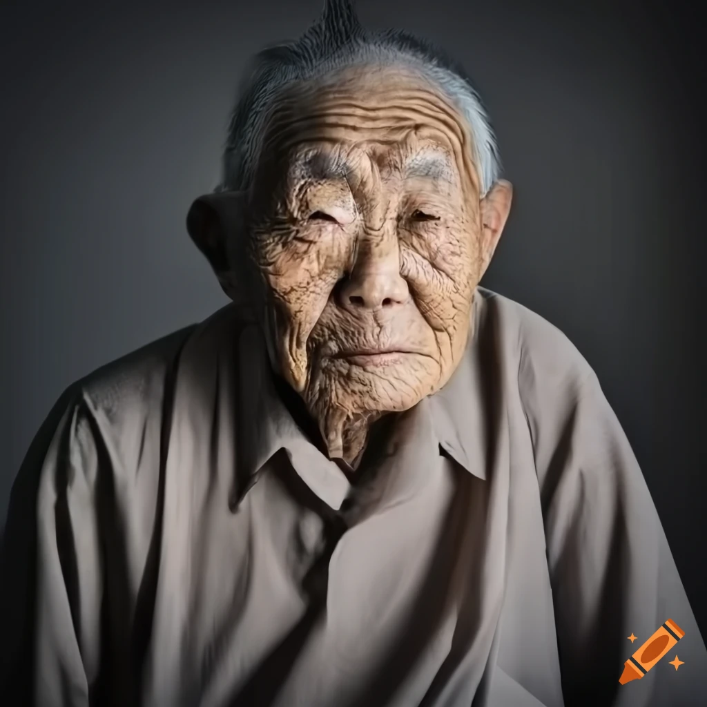 Portrait of an elderly japanese man with wrinkled arms on Craiyon
