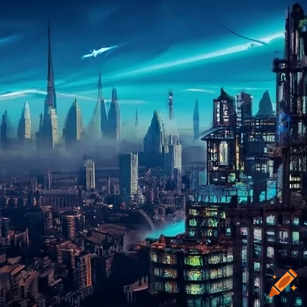Cybernetic metropolis of the post-apocalyptic era with towering ...