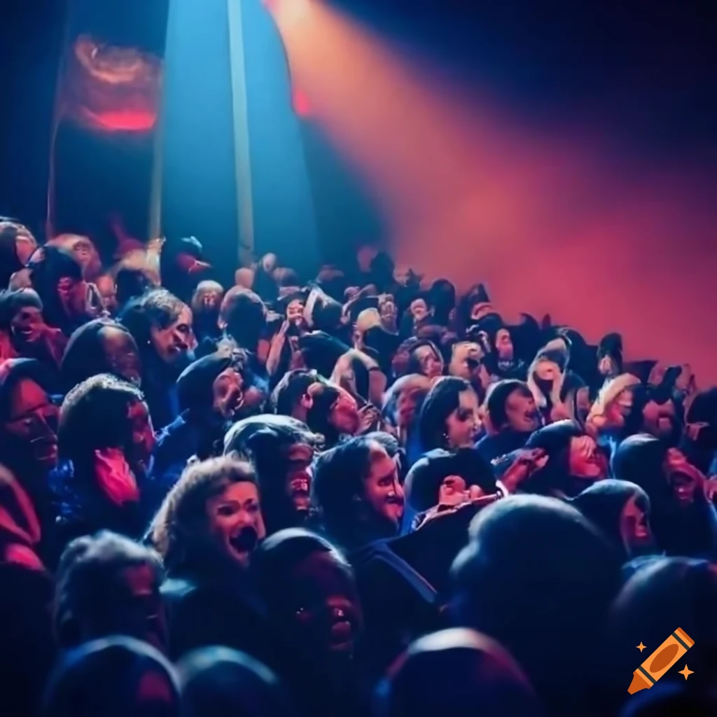 Rowdy colorful audience in a grand theatre in Washington D.C. at night ...