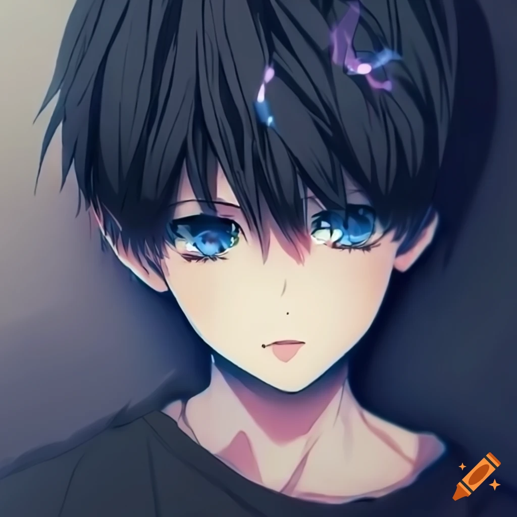 Sad anime boy with blue eyes in a gloomy setting on Craiyon