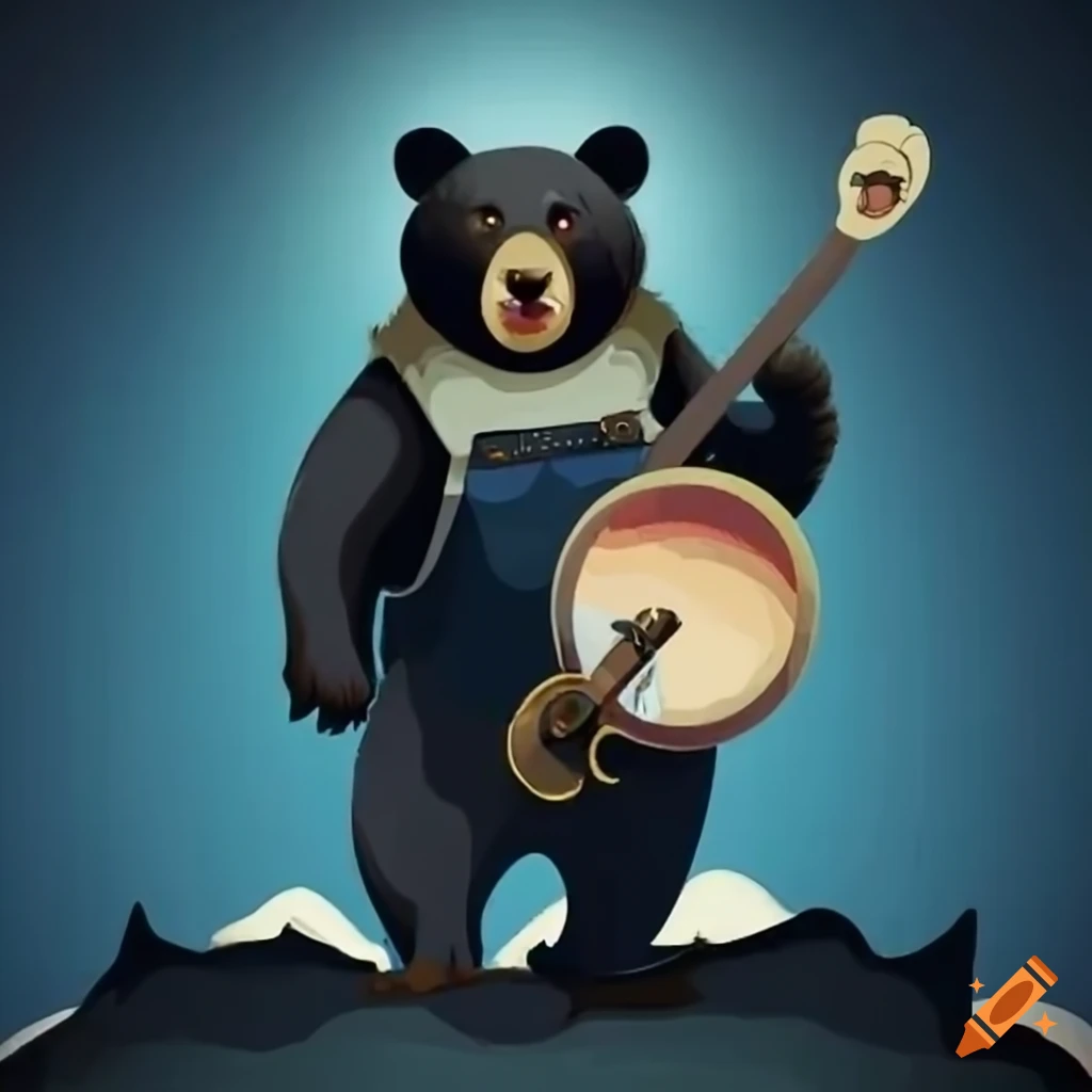 Black bear in overalls playing banjo in the mountains on Craiyon