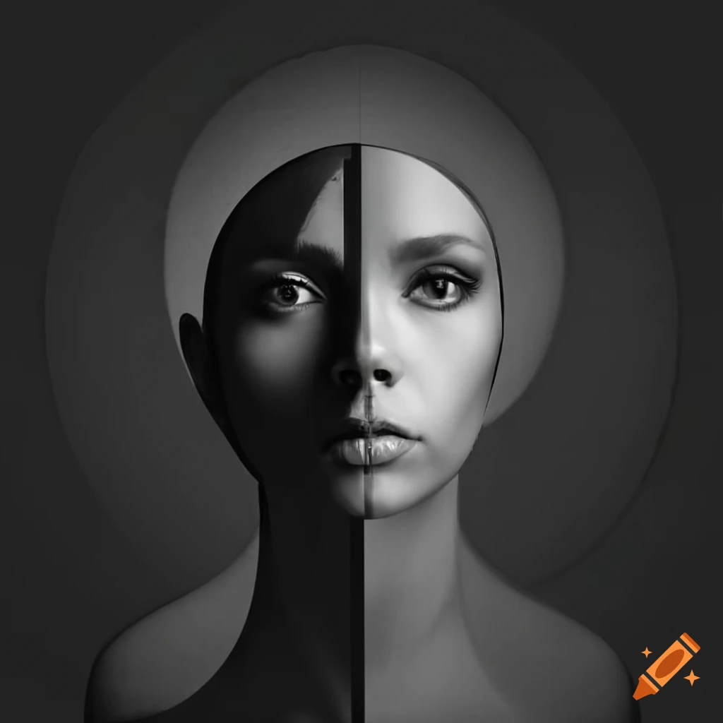 Mesmerizing geometric artwork with a woman's face and infinite reflections in monochrome on Craiyon