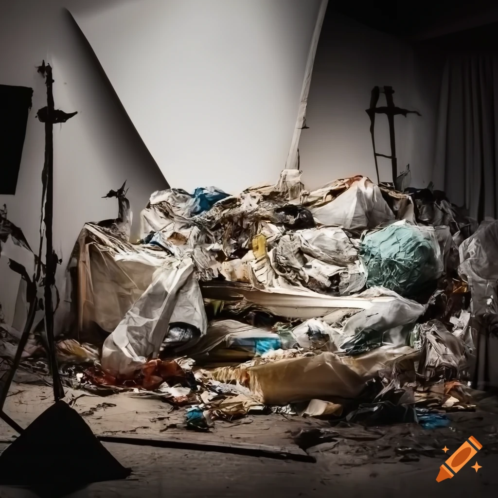 Pile of junk garbage covered with white drapery in a dramatic landscape ...