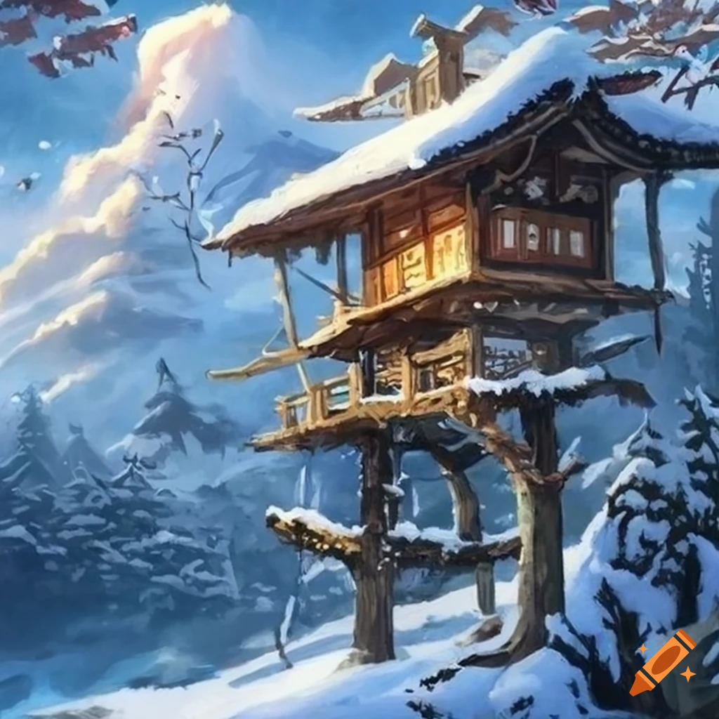 Oriental Japanese treehouse in a snowy fantasy setting inspired by ...