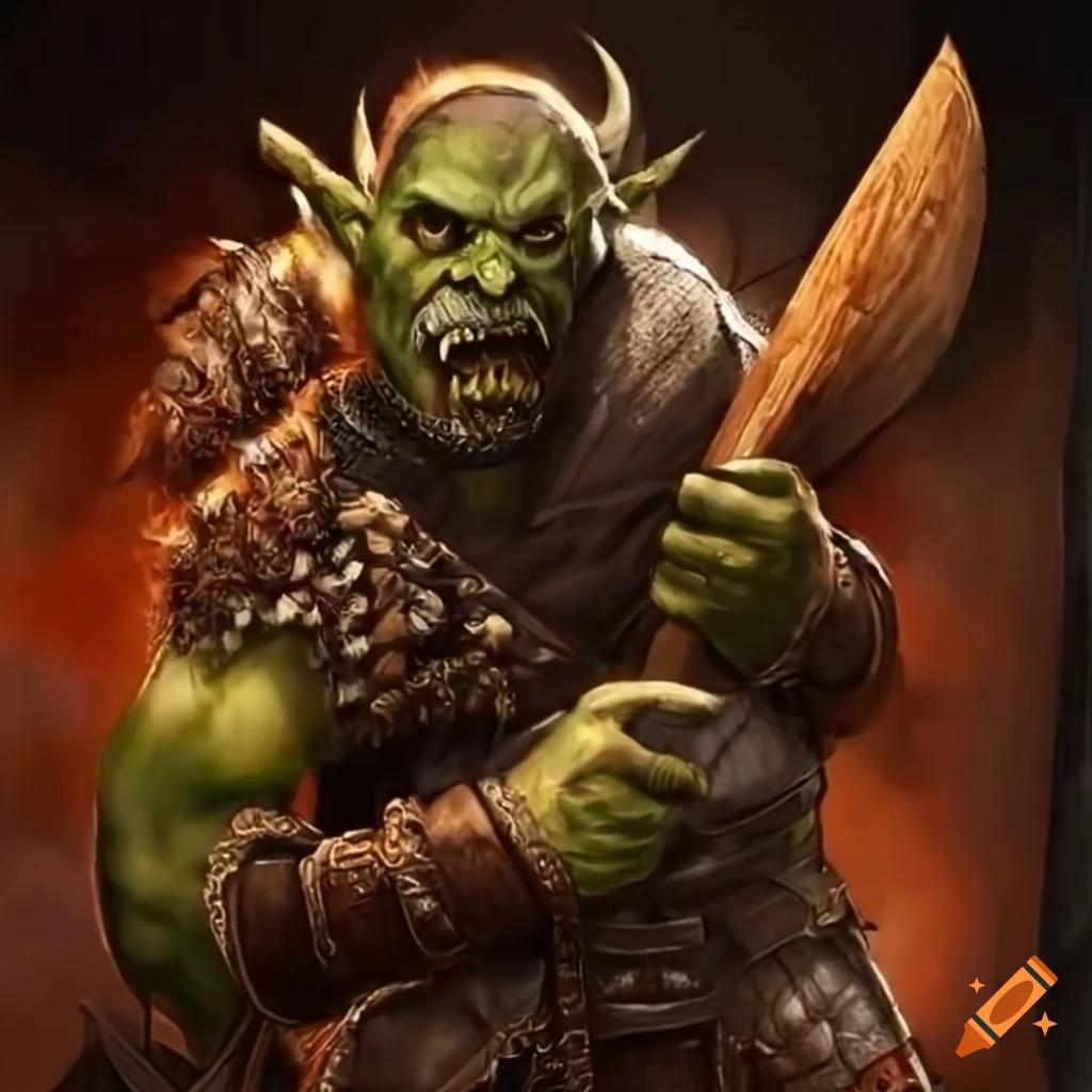 Legendary Orc warrior in medieval armor wielding a large kitchen wood ...