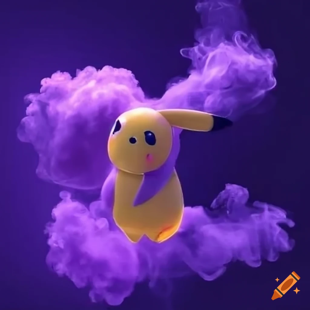 Pikachu in a purple cloud with lightning tail and smoke on Craiyon