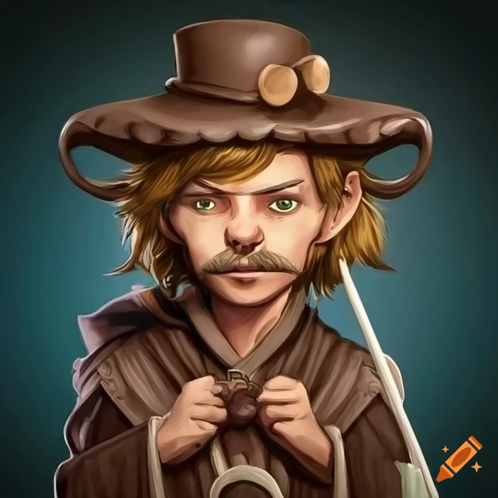 Young halfling wizard with mustache casting a spell with a staff on Craiyon