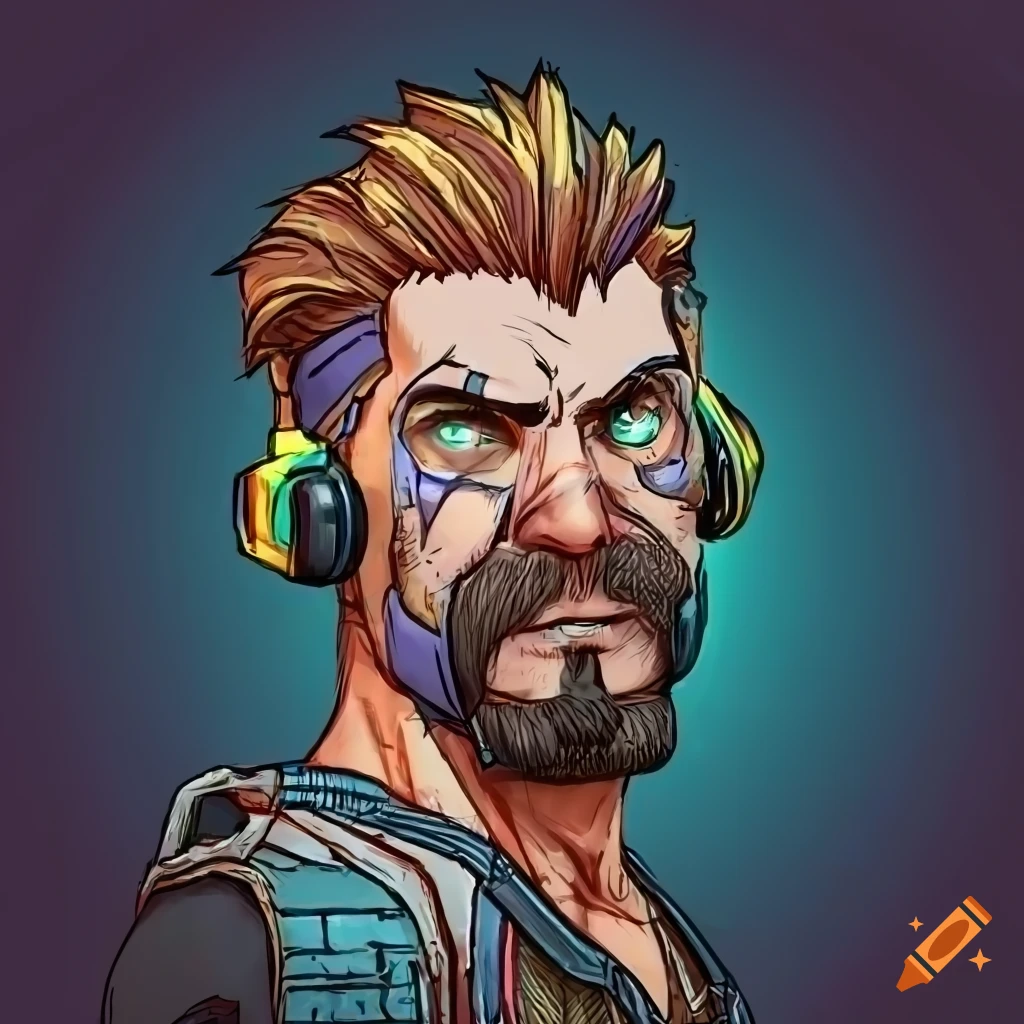 Detailed portrait of a rugged man gamer in Borderlands art style on Craiyon