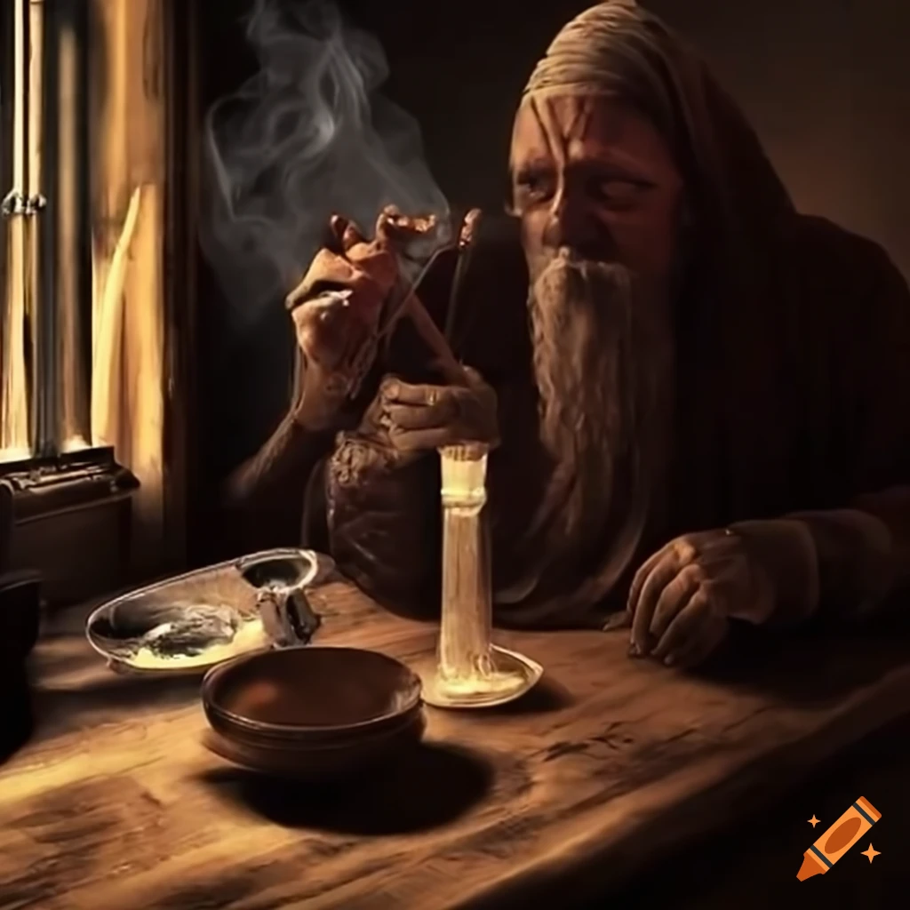 Three wizards enjoying a mystical bong in an apartment on Craiyon
