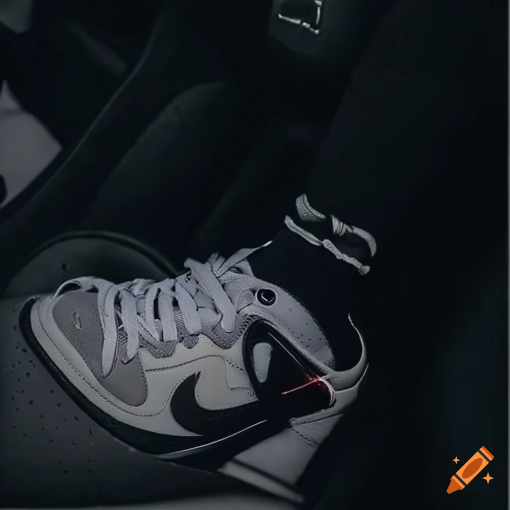 Nike panda dunks low shoes on a car with a dark black theme on Craiyon